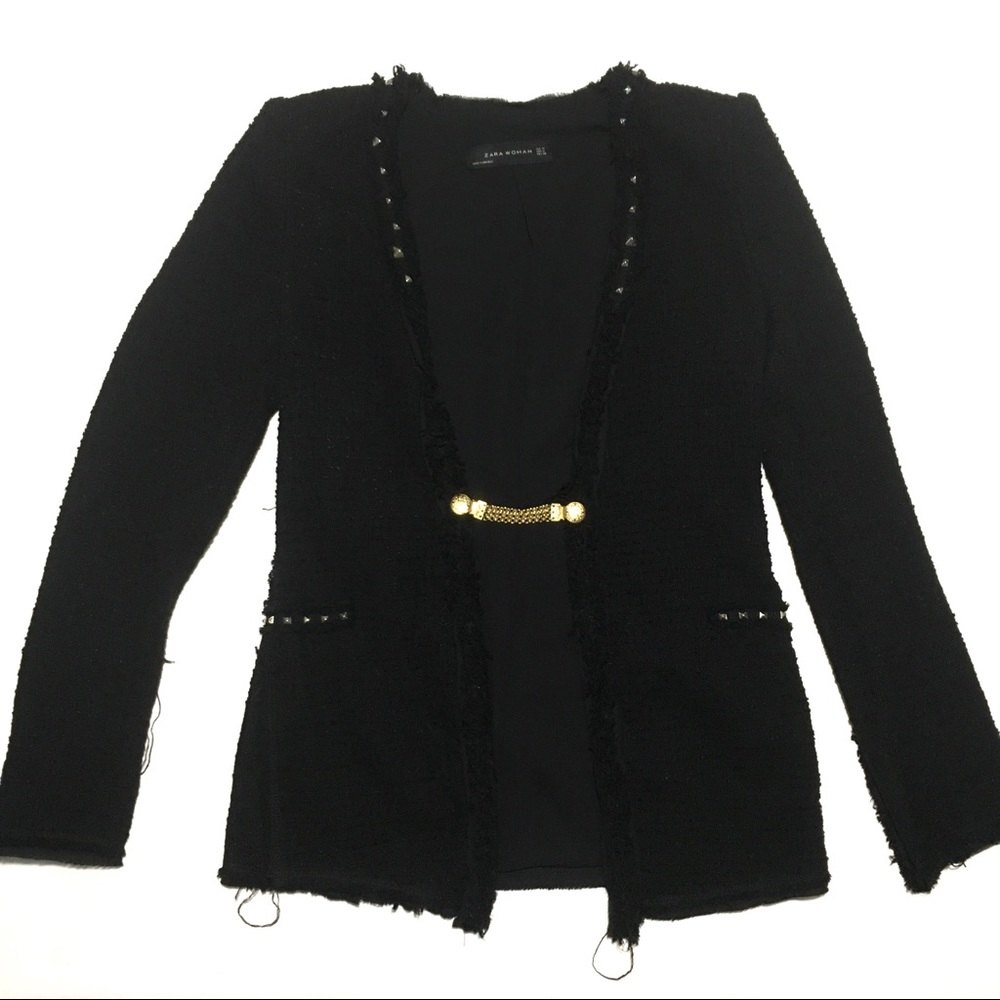 Zara Woman Black Boucle Tweed Studded Jacket Med - Gem
